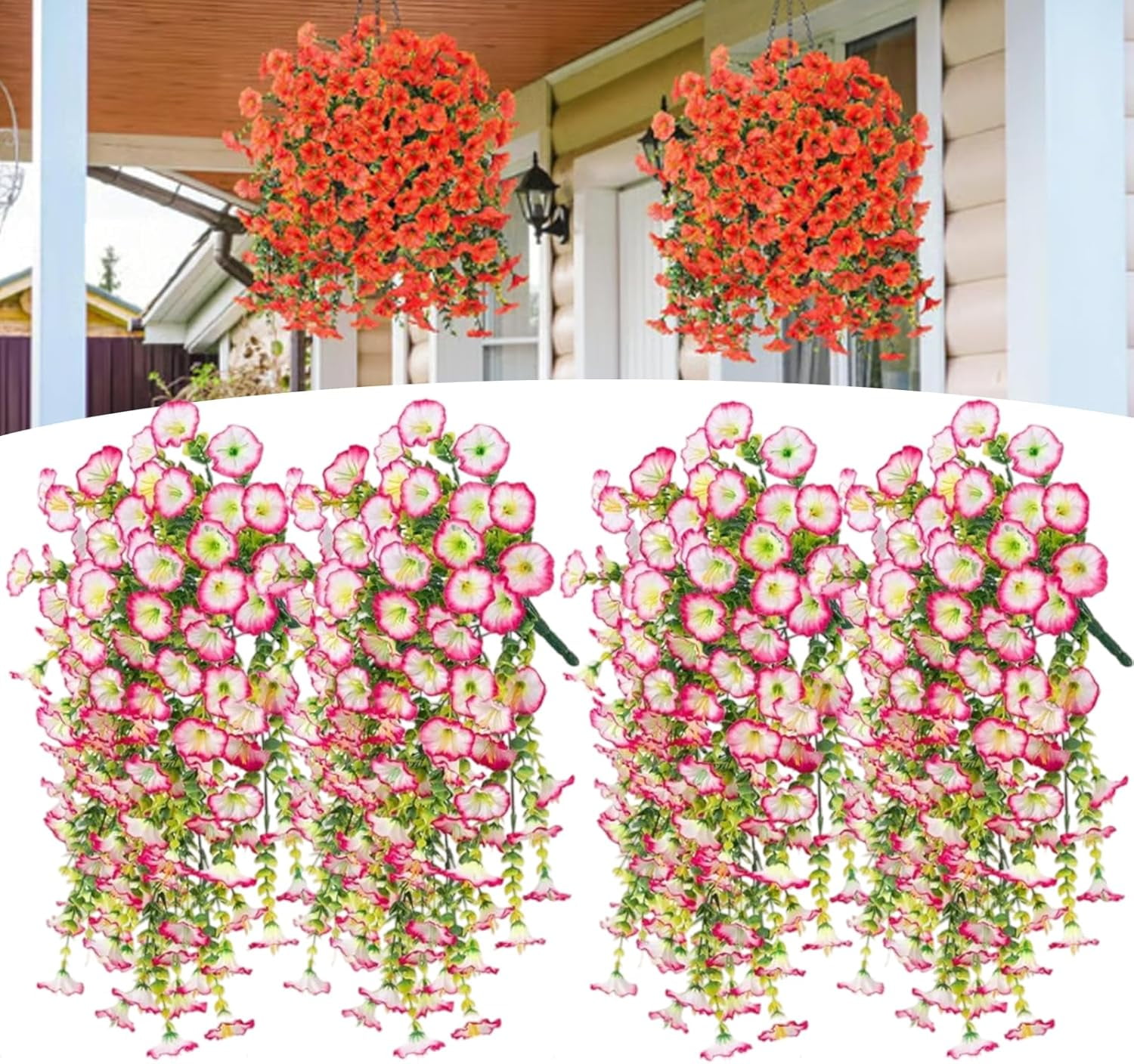 LONGLUAN Precisetrue Hanging Flowers 2 Pack, 69 UV-Proof Silk Morning Glories, No Fade Fake ...