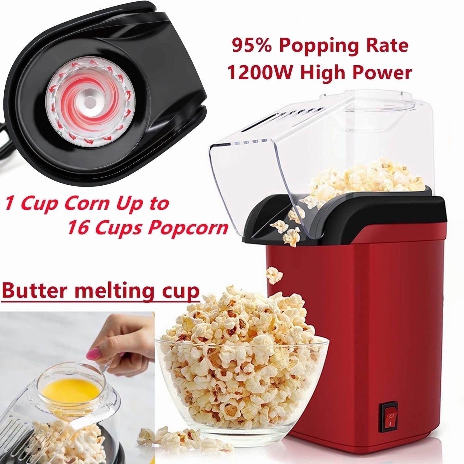 LONGOMA Electric Popcorn Popper, Hot Air Popcorn Maker, Butter Melting ...