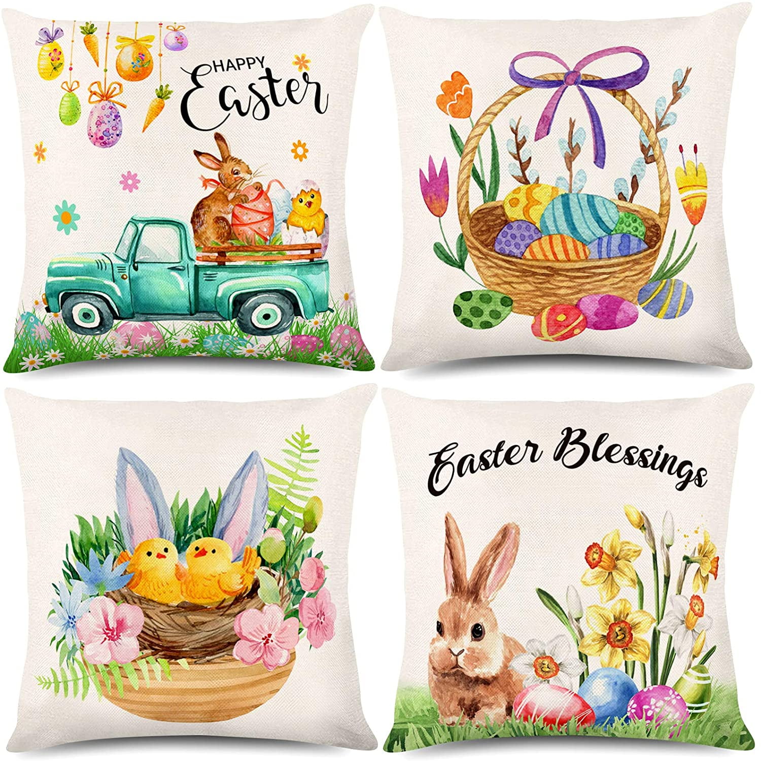 LONGRV Easter Pillow Cover Set, 18x18 Inch Linen Bunny, Farmhouse Decor ...