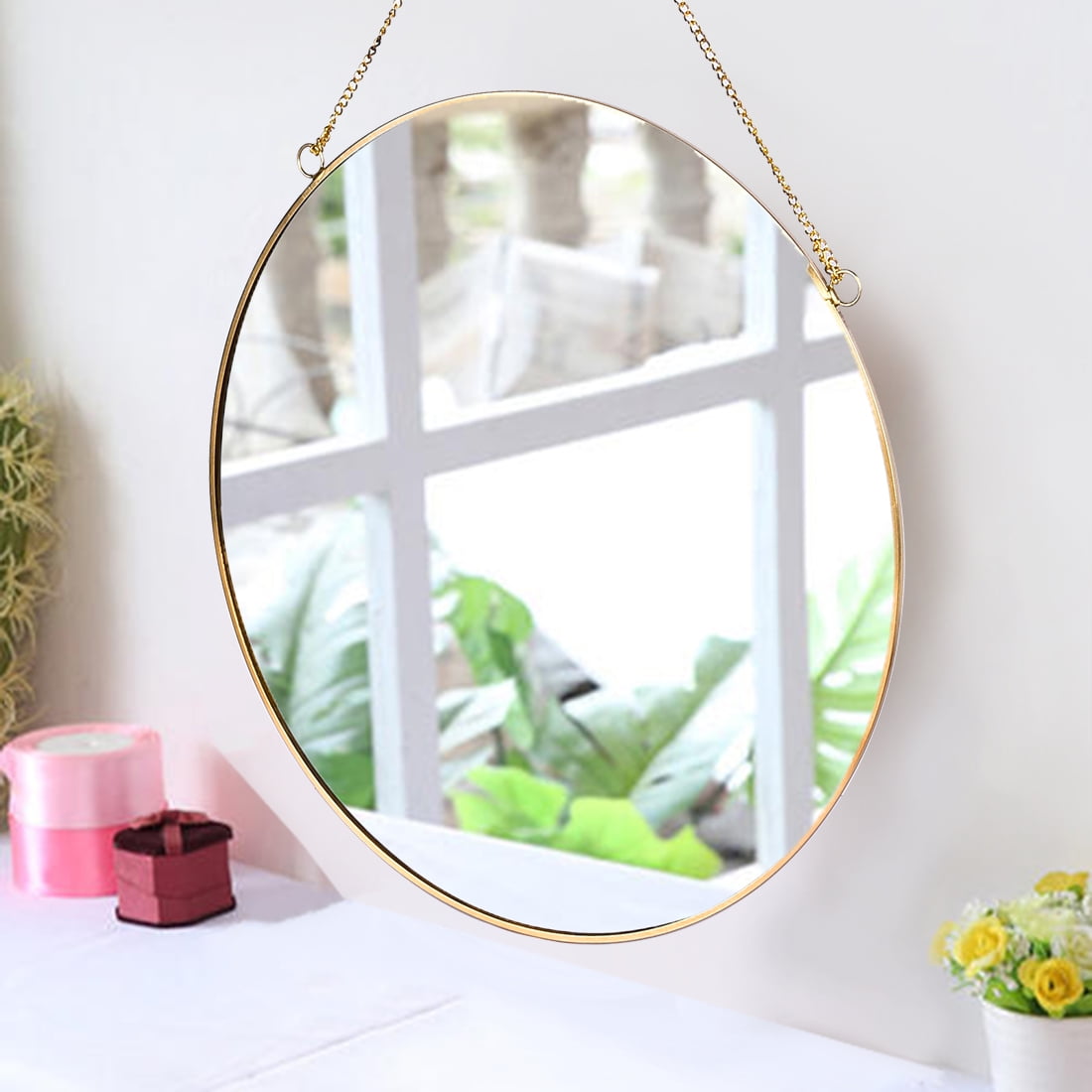 "LONGWIN Decorative Round Interior Mirror - Gold Geometric Hanging with ...