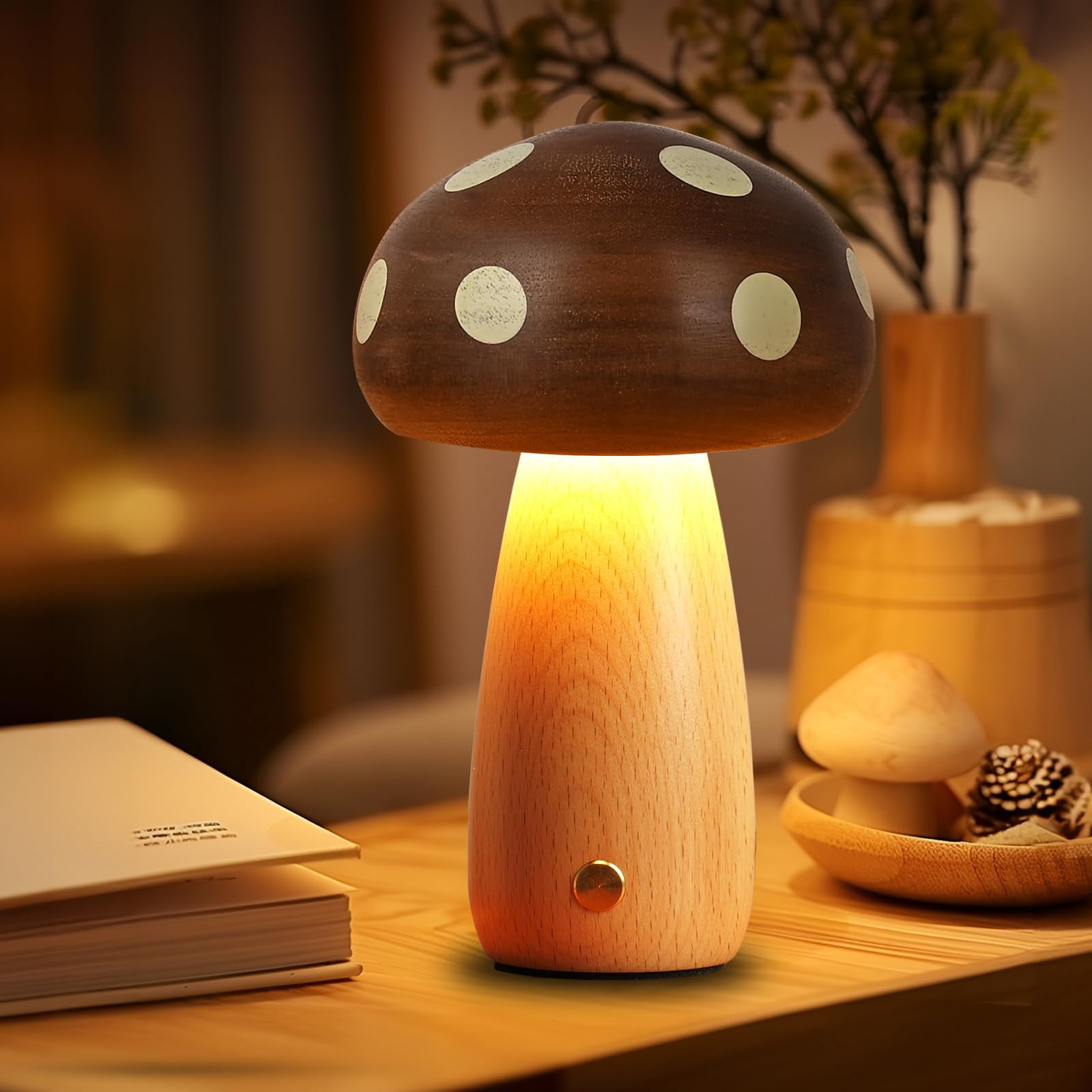 LONRISWAY LED Wooden Mushroom Lamp for Bedroom,Portable Cordless Touch ...