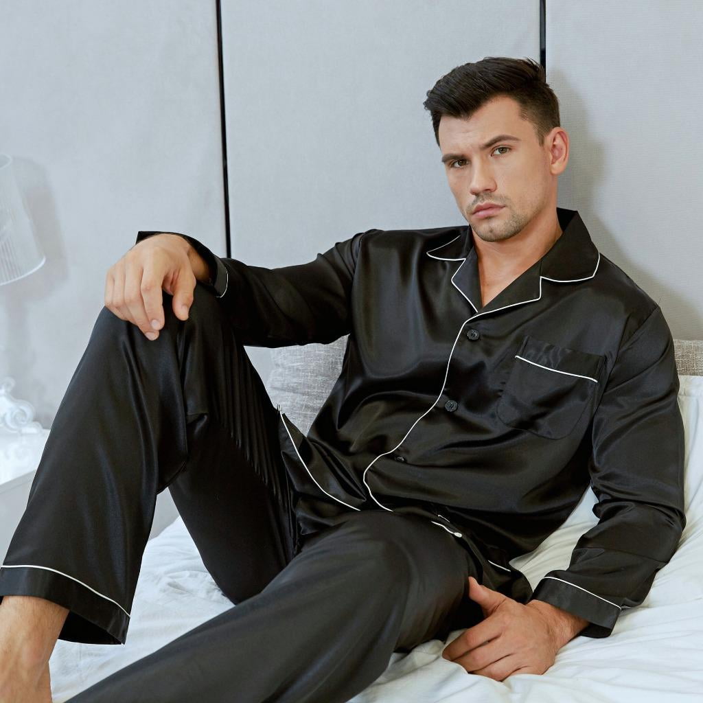 LONXU Men's Pajamas Long Sleeve Silk Satin Luxury Drawstring Nightwear ...
