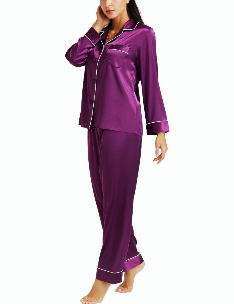 LONXU Women's Satin Pajamas Long Sleeve With Long Pajama Pant Set Silk ...