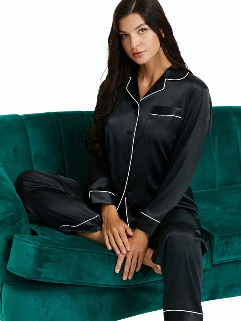 Lonxu Women's Silk Satin Sleepwear Set, Black, Size S - Walmart.com