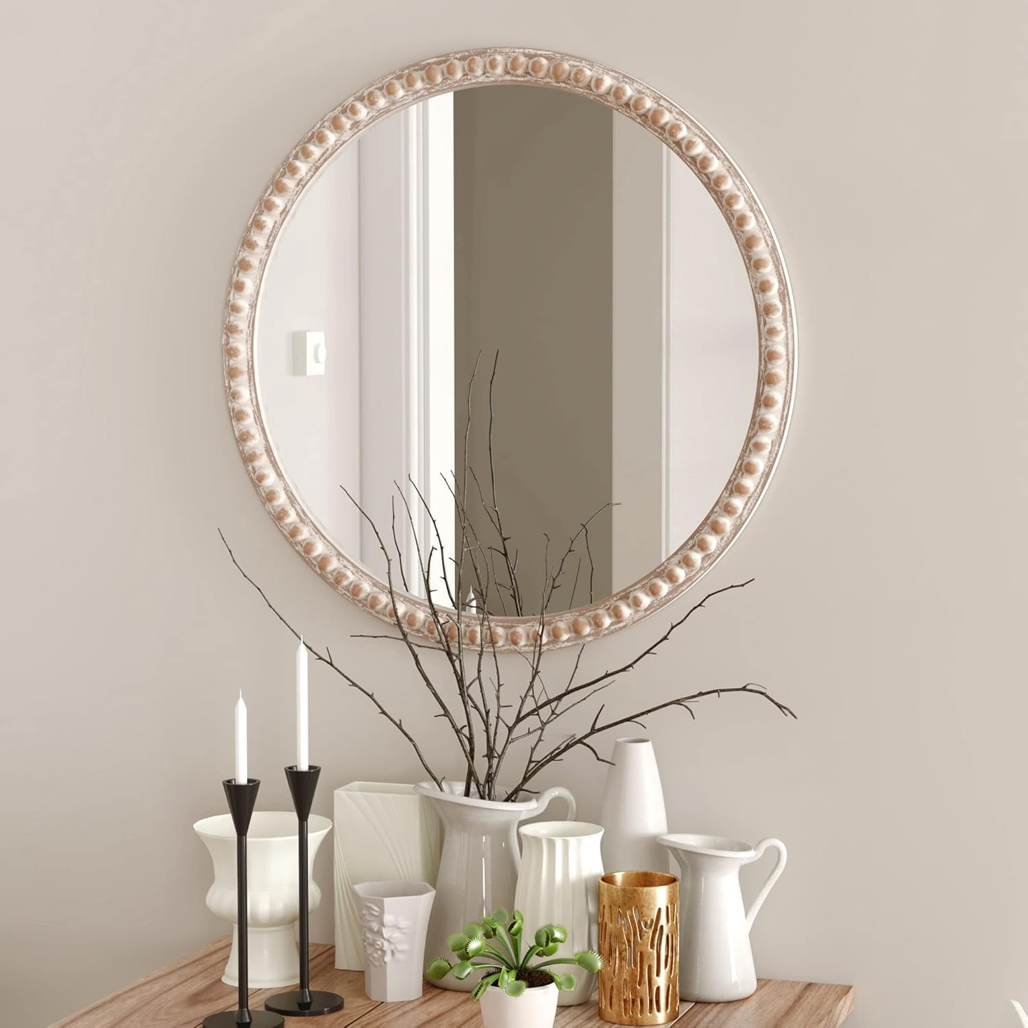 LONYKE Farmhouse Style Wall Mirror, Distressed Wood Frame Accent Mirror ...