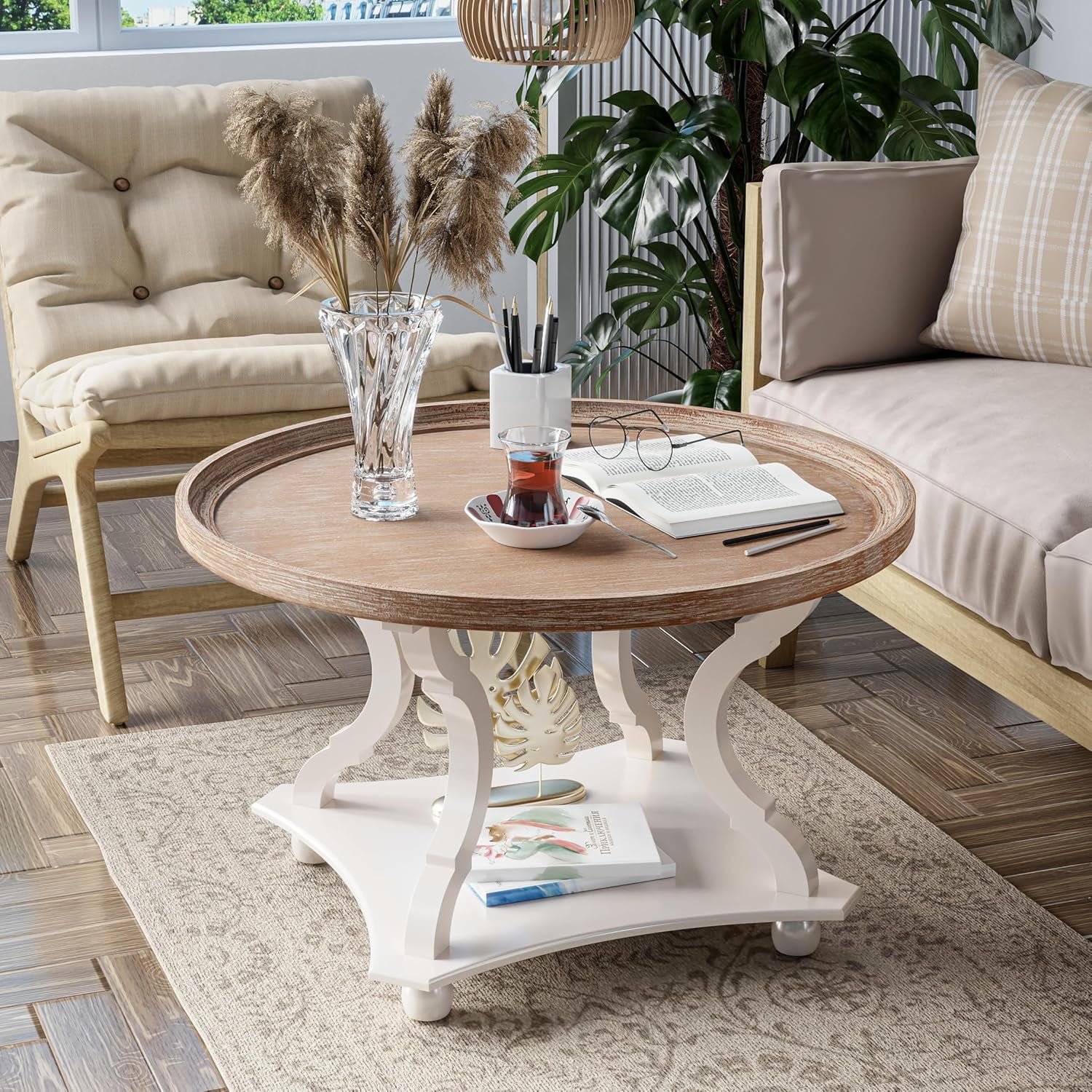 LONYKE Round Farmhouse Coffee Table with Handmade Finish, Wood Tray Top ...