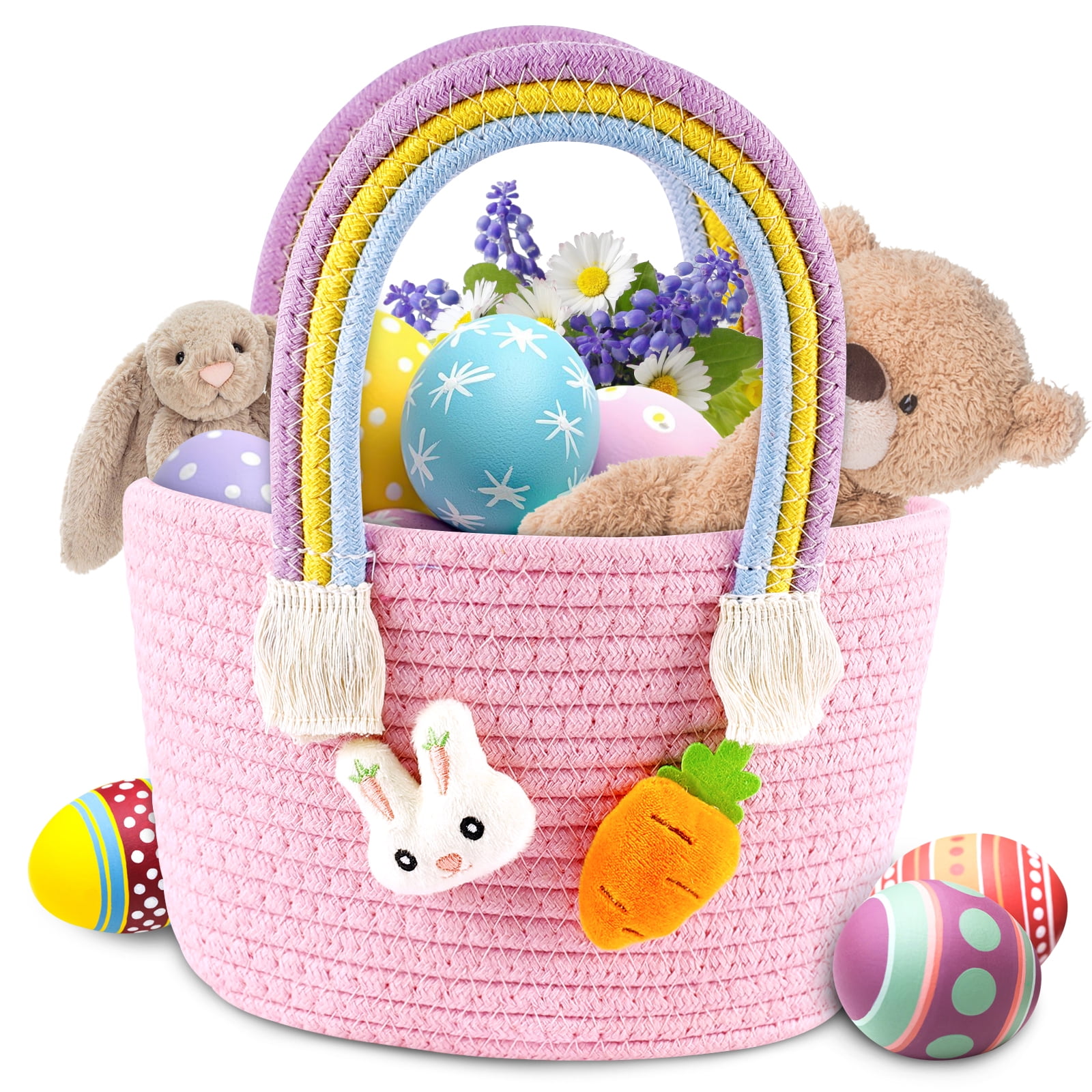 LOOIKOOS Easter Bunny Basket for Kids, Empty Bunny Egg Basket Woven ...