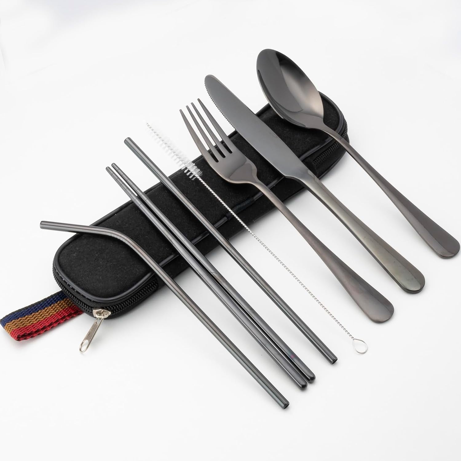 LOOKSEVEN 8 Pieces Black Stainless Steel Flatware Set Portable Reusable ...