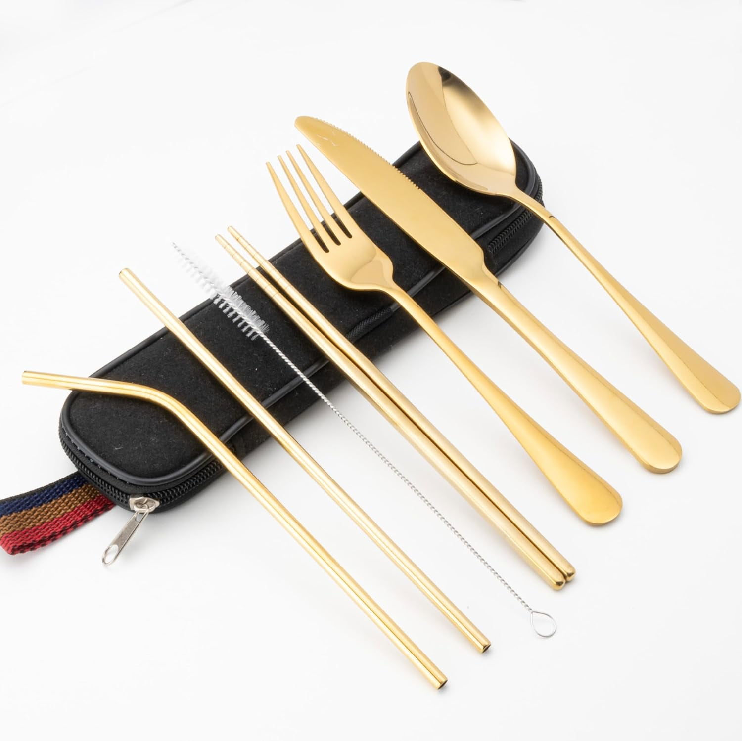 LOOKSEVEN 8 Pieces Gold Stainless Steel Flatware Set Portable Reusable ...
