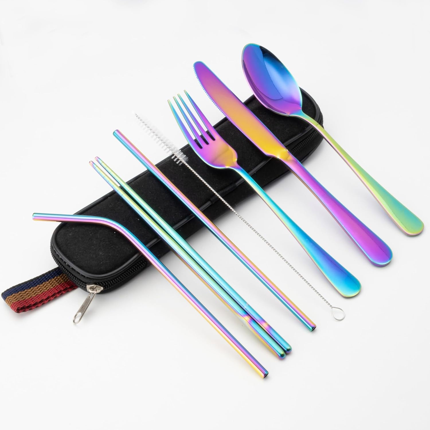 LOOKSEVEN 8 Pieces Multi-Color Stainless Steel Flatware Set Portable ...