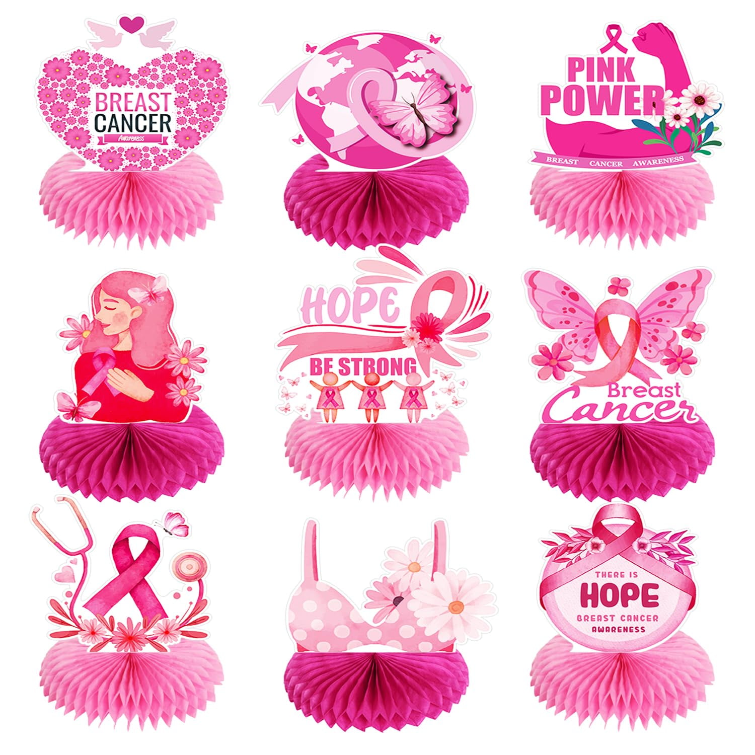 LOONELO 9pcs Breast Cancer Awareness Honeycomb Centerpieces, Double ...