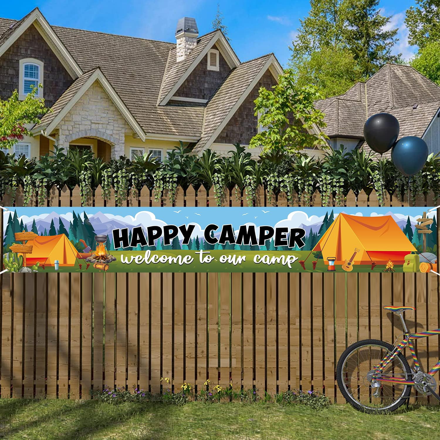 LOONELO Happy Camper Backdrop Banner with 118.1"X19.6", MHD1Long Fabric ...