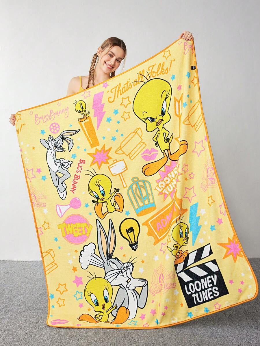 LOONEY TUNES X SHEIN Yellow Cartoon Letter Printed Flannel Square ...
