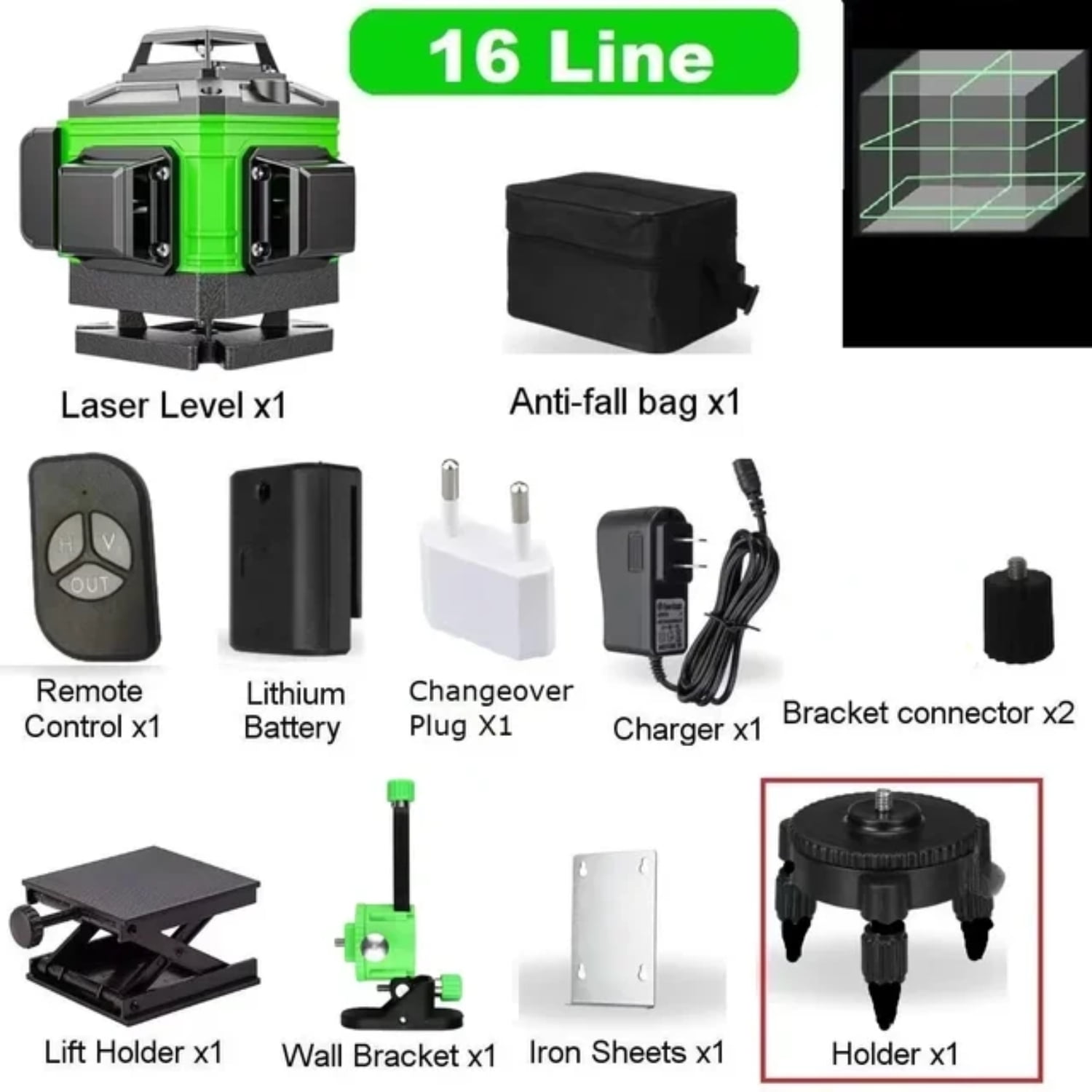 LOPNGLNG 4D 16 Lines Laser Level Green Line Self-Leveling Horizontal ...