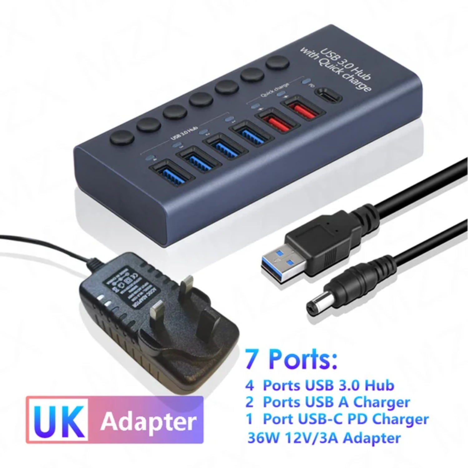 LOPNGLS 10 7 4 Port USB 3.0 Hub Aluminum Multi Splitter Quick PD ...
