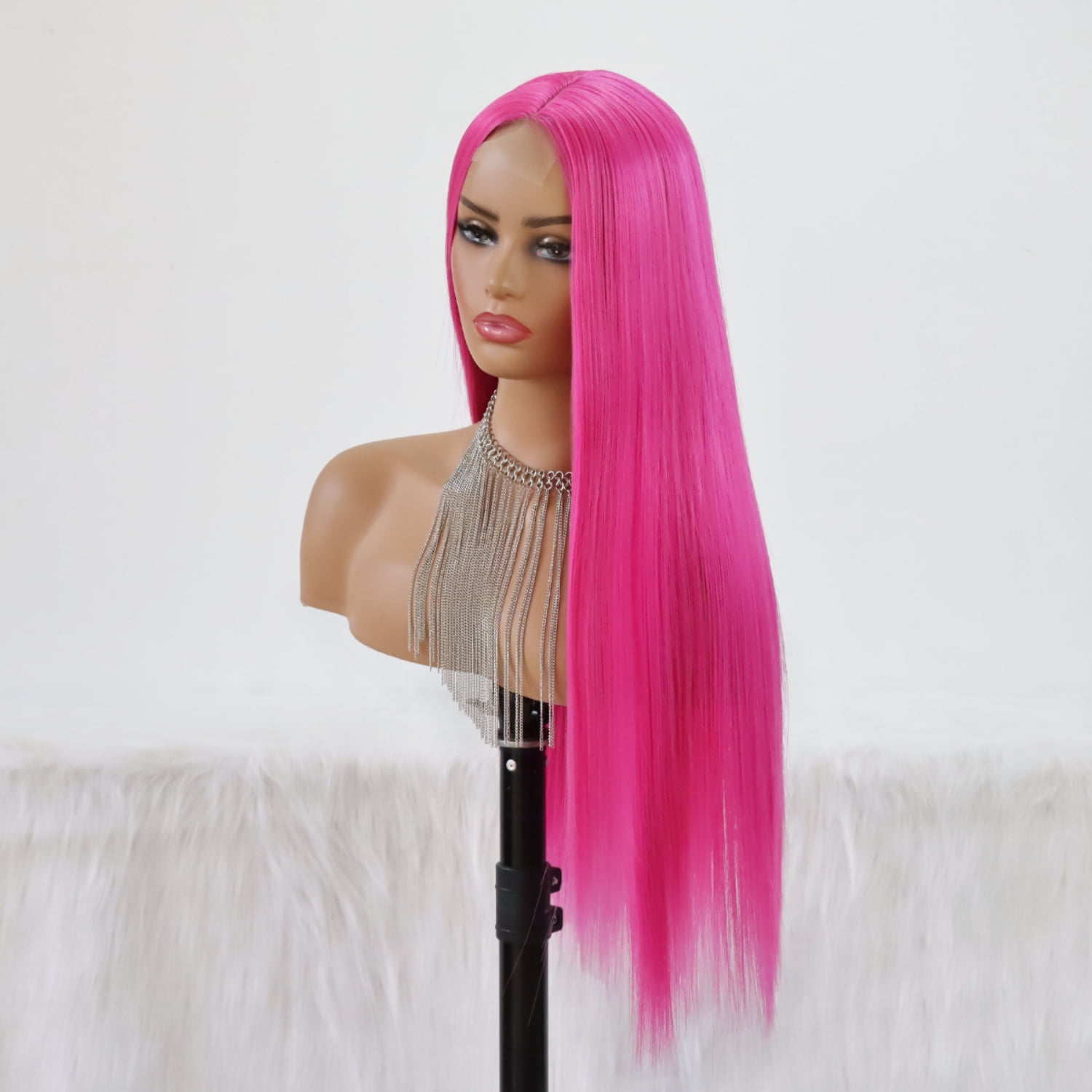 LOPNGLS Hot Pink Lace Wigs Long Straight Hair Neon Pink Wig with Free ...