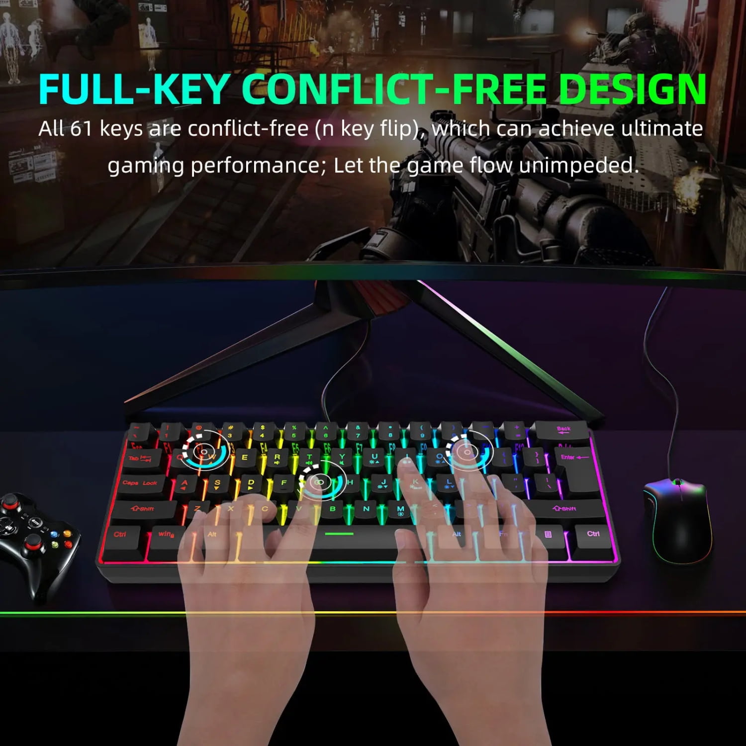 LOPNGLS Multiple Color Combinations 61 Keys USB Wired RGB 60% Computer ...