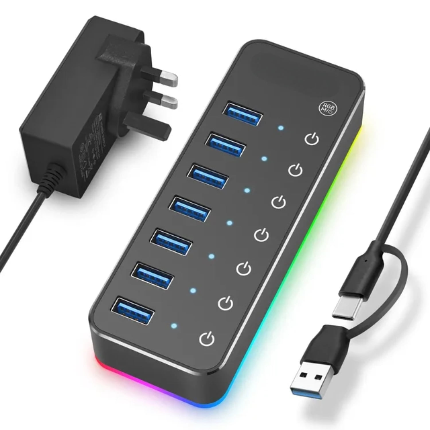 LOPNGLS Powered 5Gbps USB C Hub 7 Port USB3.0 14 RGB LED Strip 20W Power Adapter Aluminum Gaming ...