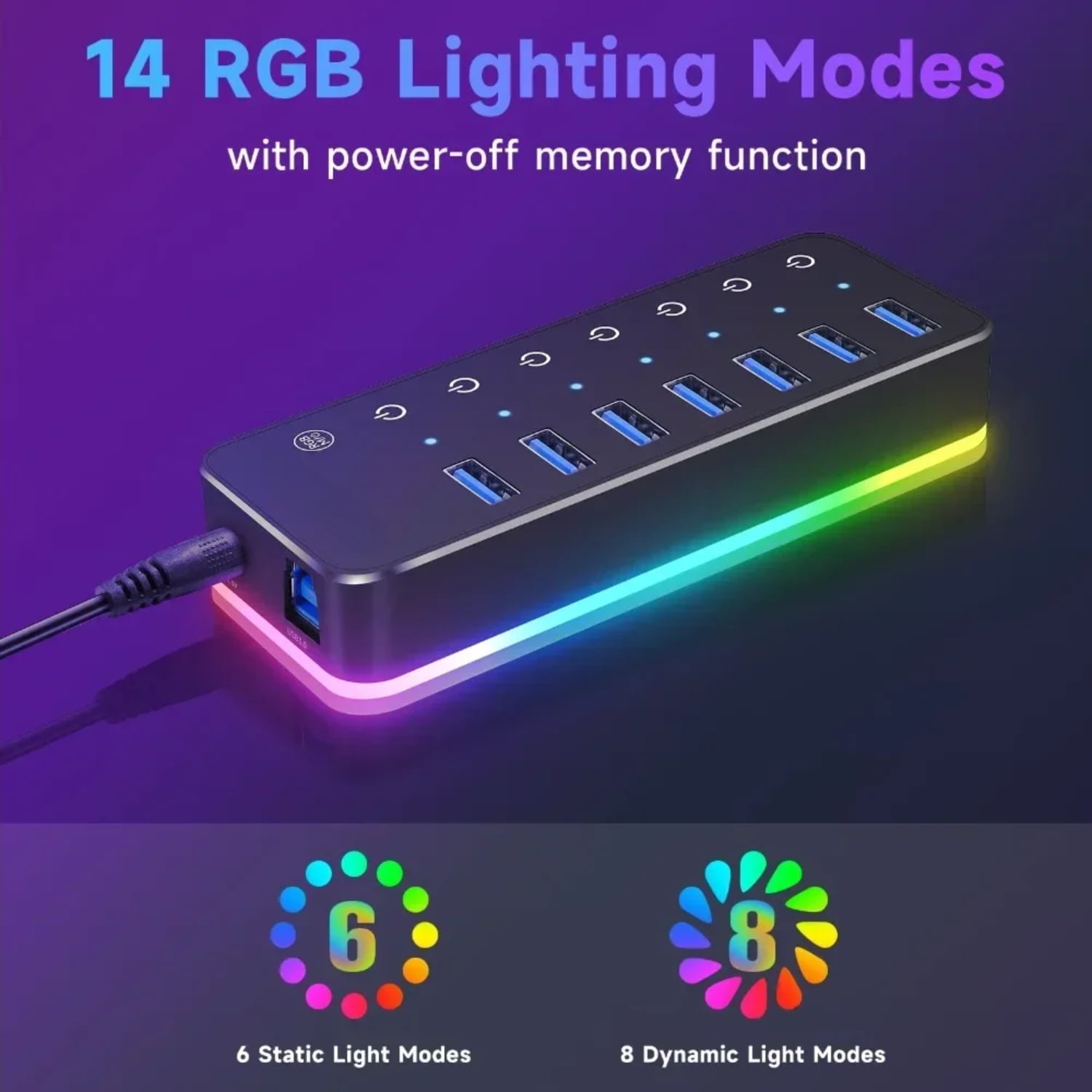 LOPNGLS Powered 5Gbps USB C Hub 7 Port USB3.0 14 RGB LED Strip 20W ...