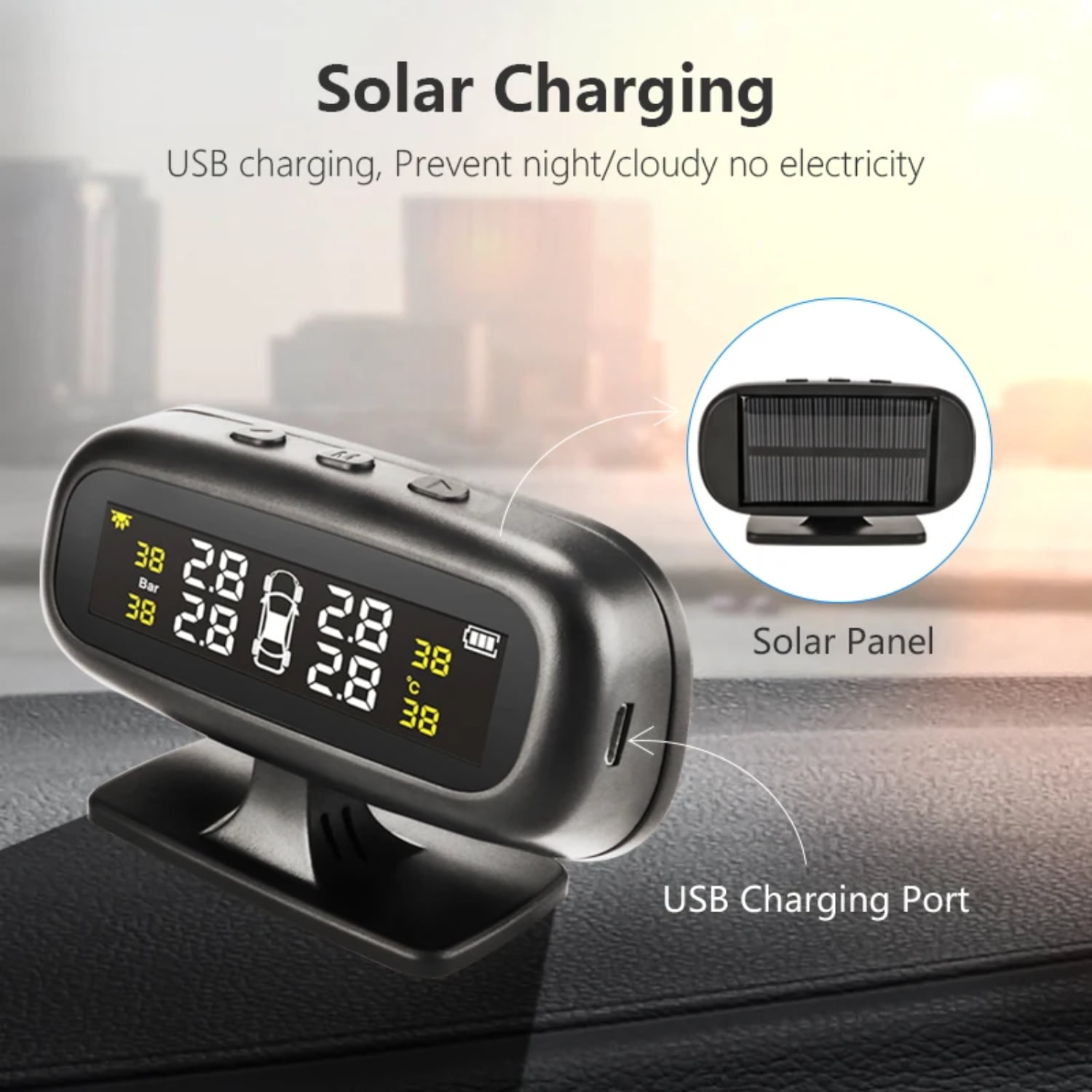 LOPNGLS Solar TPMS Car Tire Pressure Alarm Monitor System Display ...