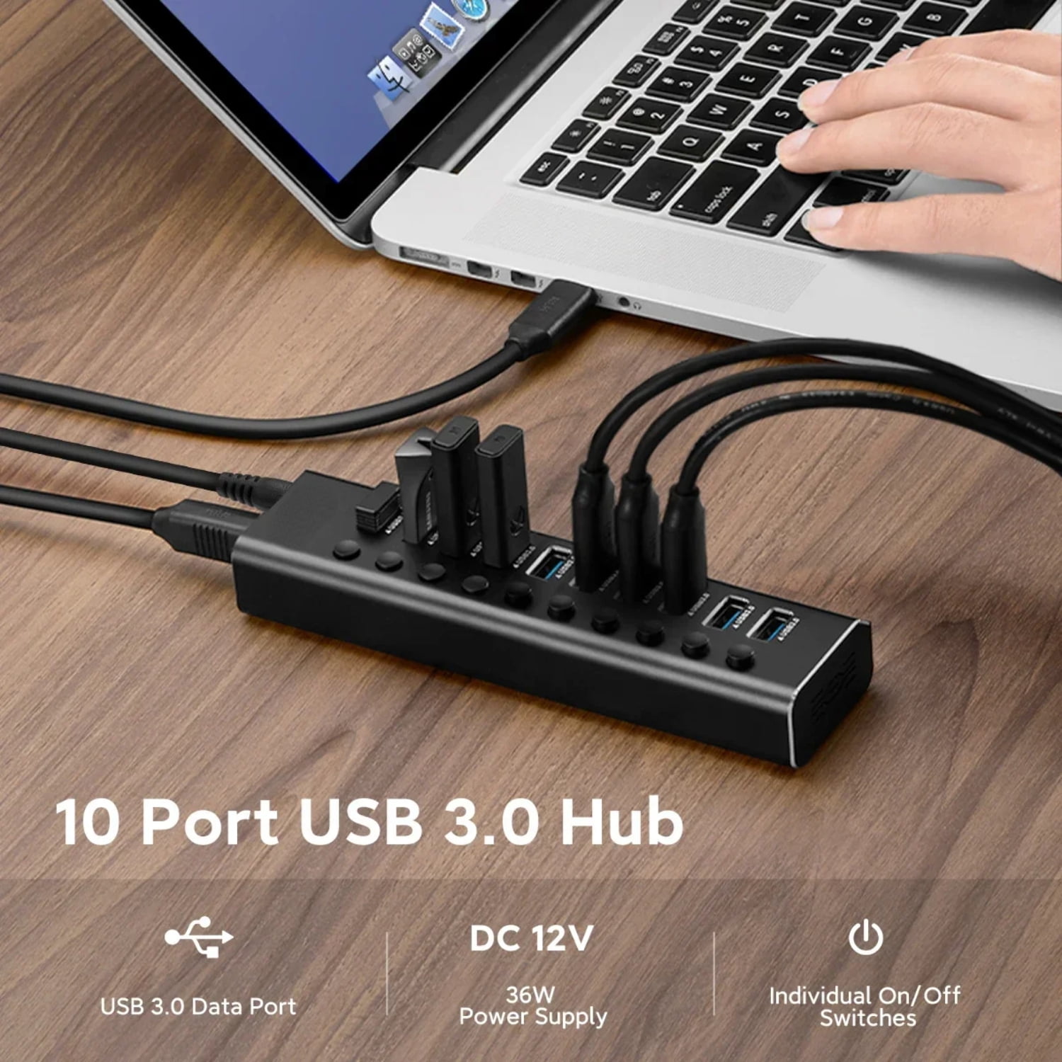 LOPNGLS USB Hub 10 Port 5Gbps USB 3.0 Data Hubs with 36W 12V/3A Power ...