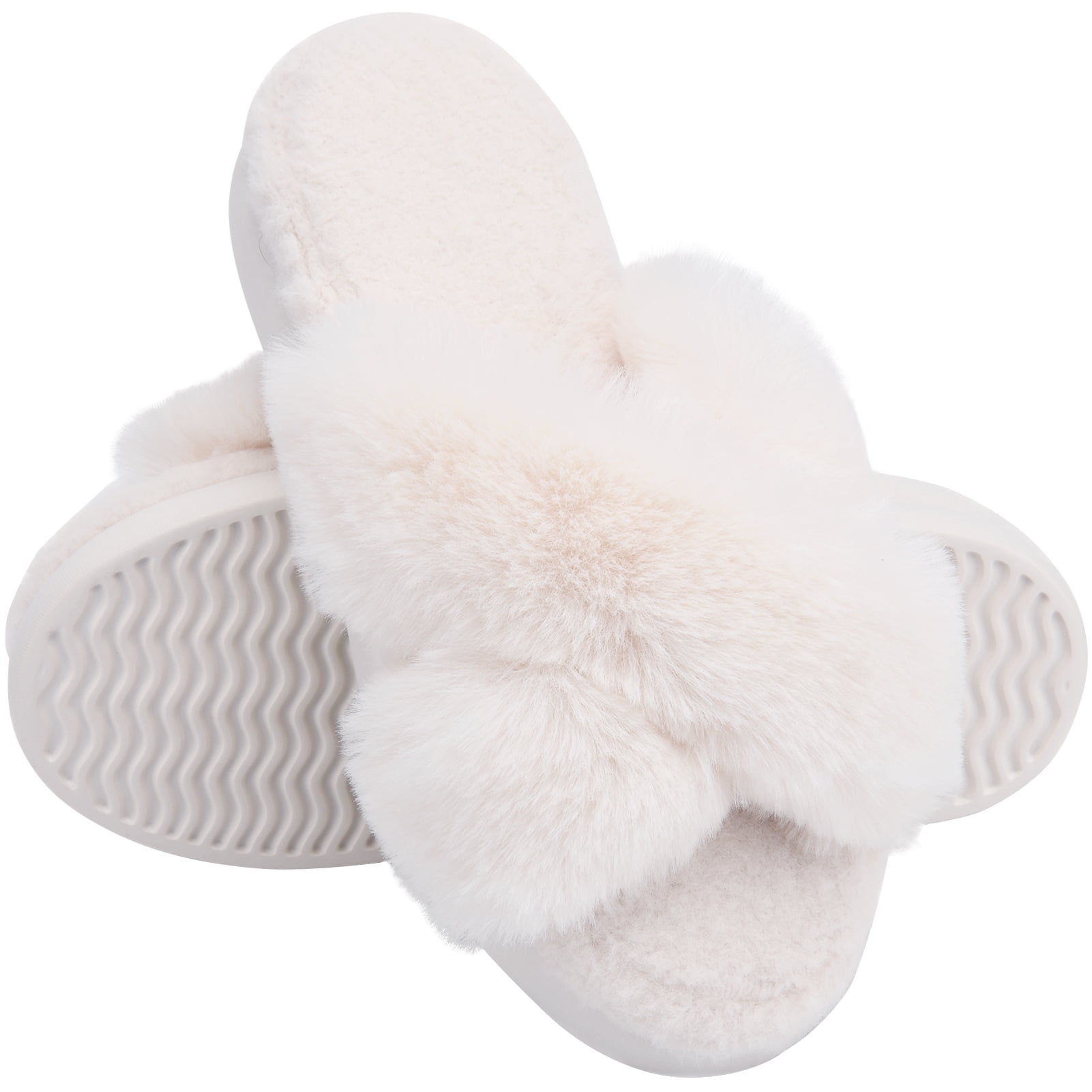LORDFON Fluffy Open Toe Slippers for Women,Fuzzy Furry Cross Band Memory Foam Bedroom Plush ...
