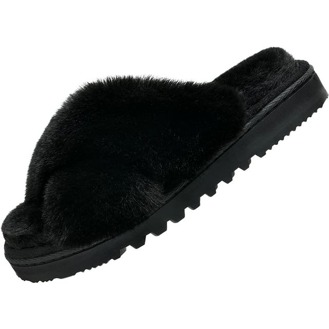 LORDFON Comfy Indoor/Outdoor Open Toe Cross Band Fuzzy Womens Slippers with Memory Foam ...