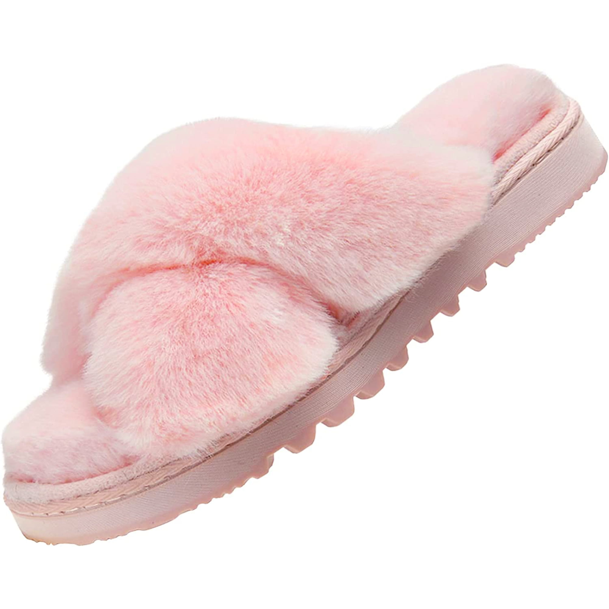 LORDFON Women's Open Toe Fluffy Slippers with Cross Band & Memory Foam - Walmart.com