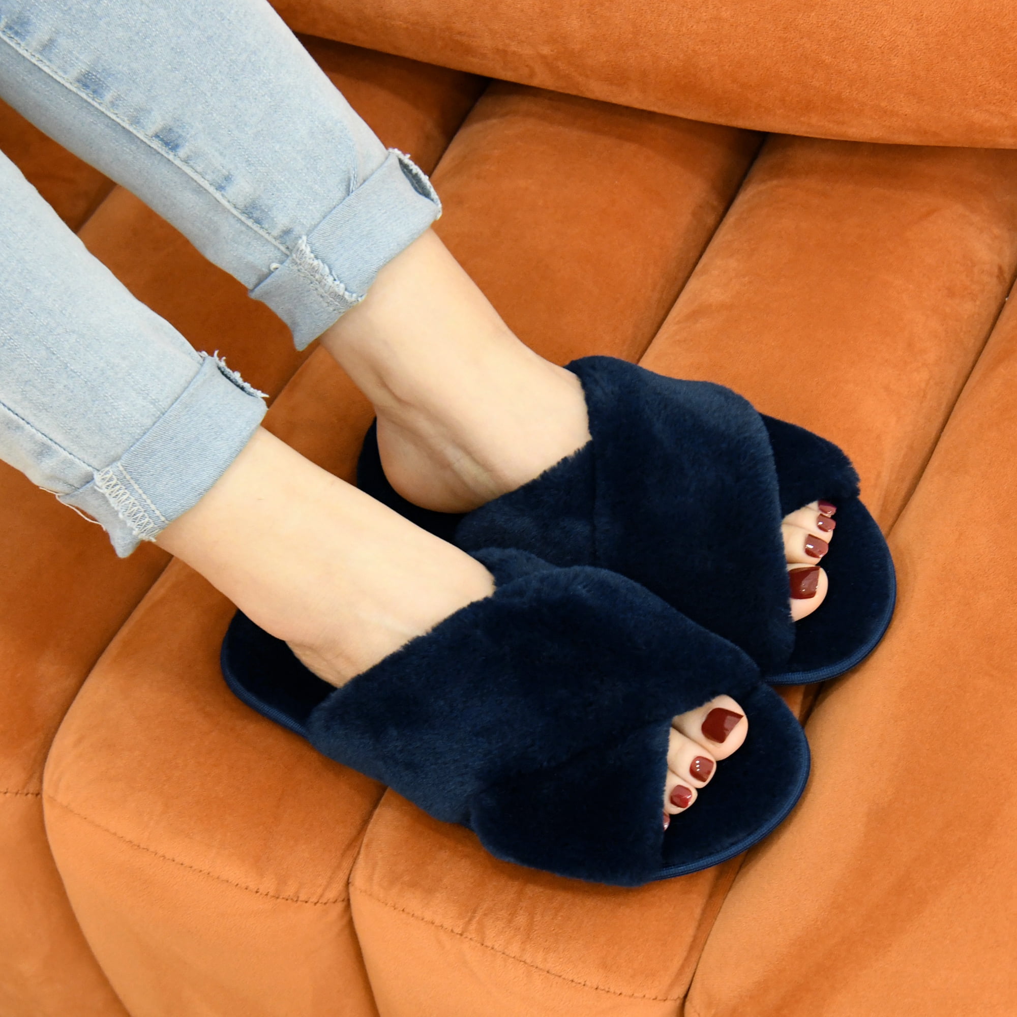 LORDFON Open Toe Cross Band Womens House Slippers Fluffy Indoor Slip On Slippers - Walmart.com