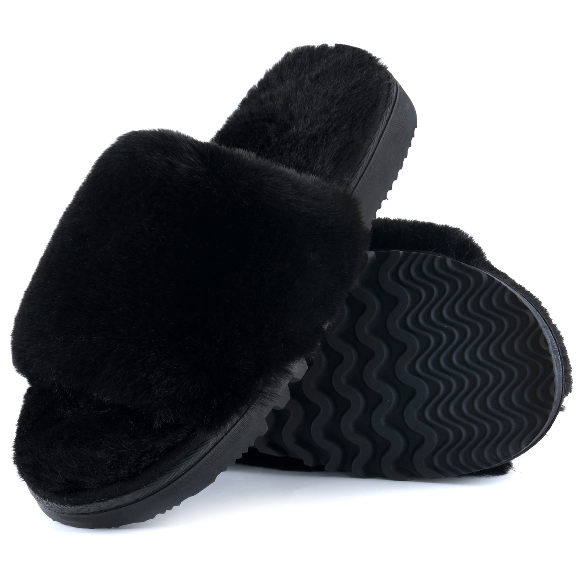 LORDFON Women's Plush Open Toe Slippers, Faux Fur, Fluffy Memory Foam ...