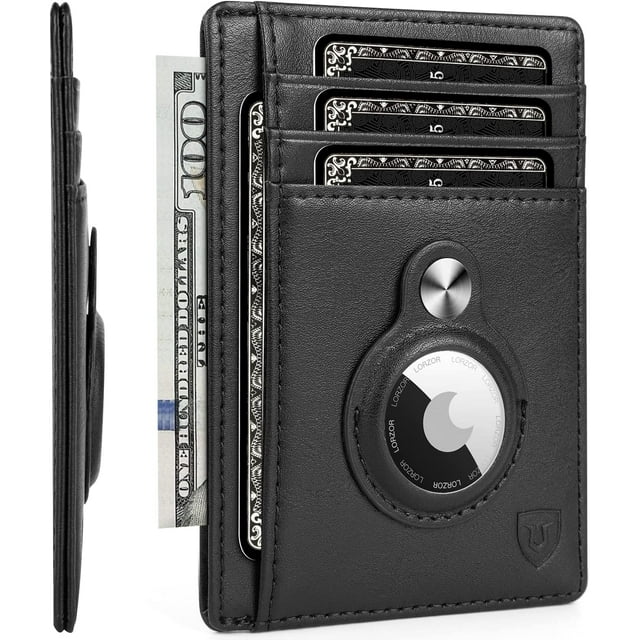 LORZOR Slim Wallet, Minimalist Genuine Leather Compatible with AirTag ...