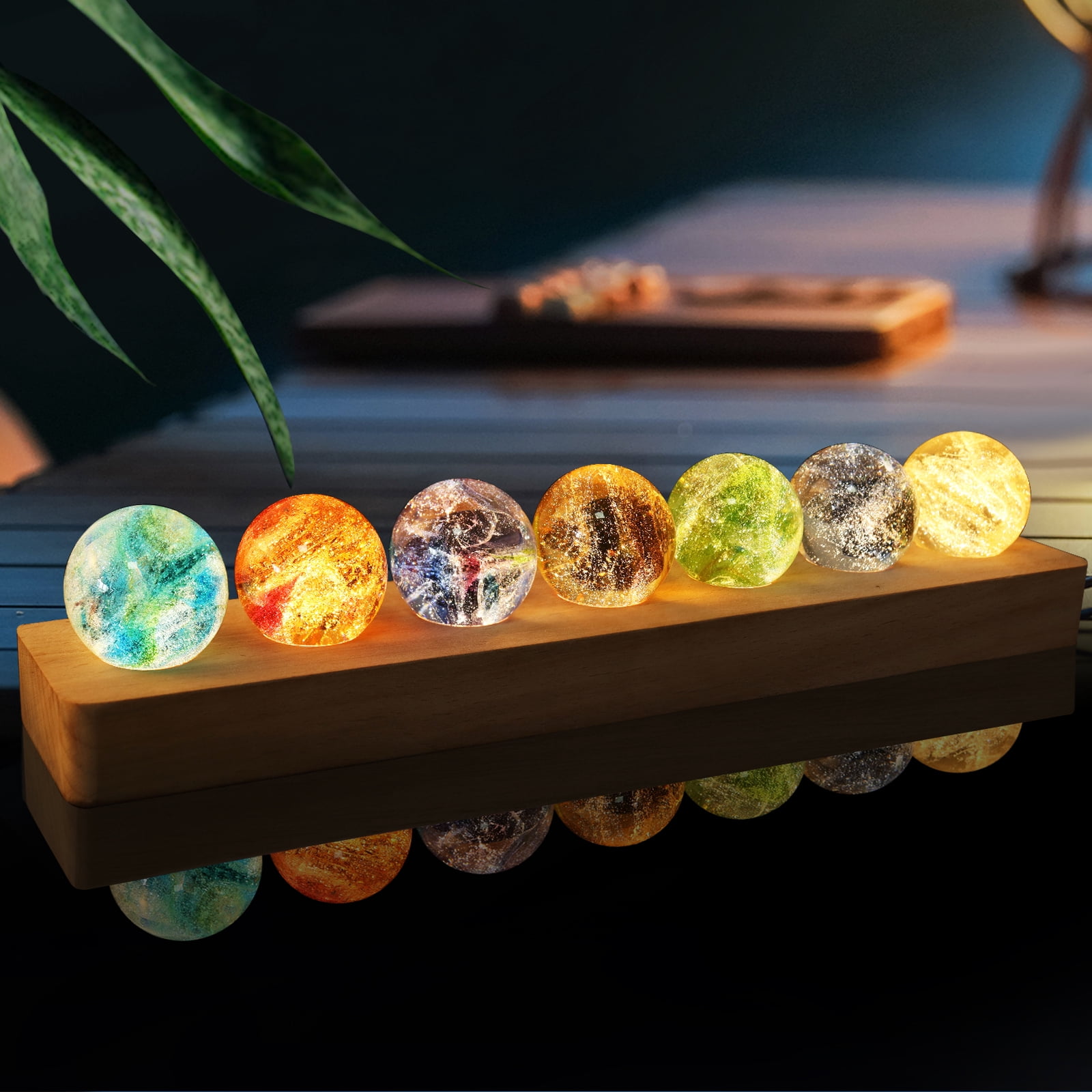 LOSCHEN 7 Chakra Natural Healing Spheres with LED Wooden Stand 40mm ...