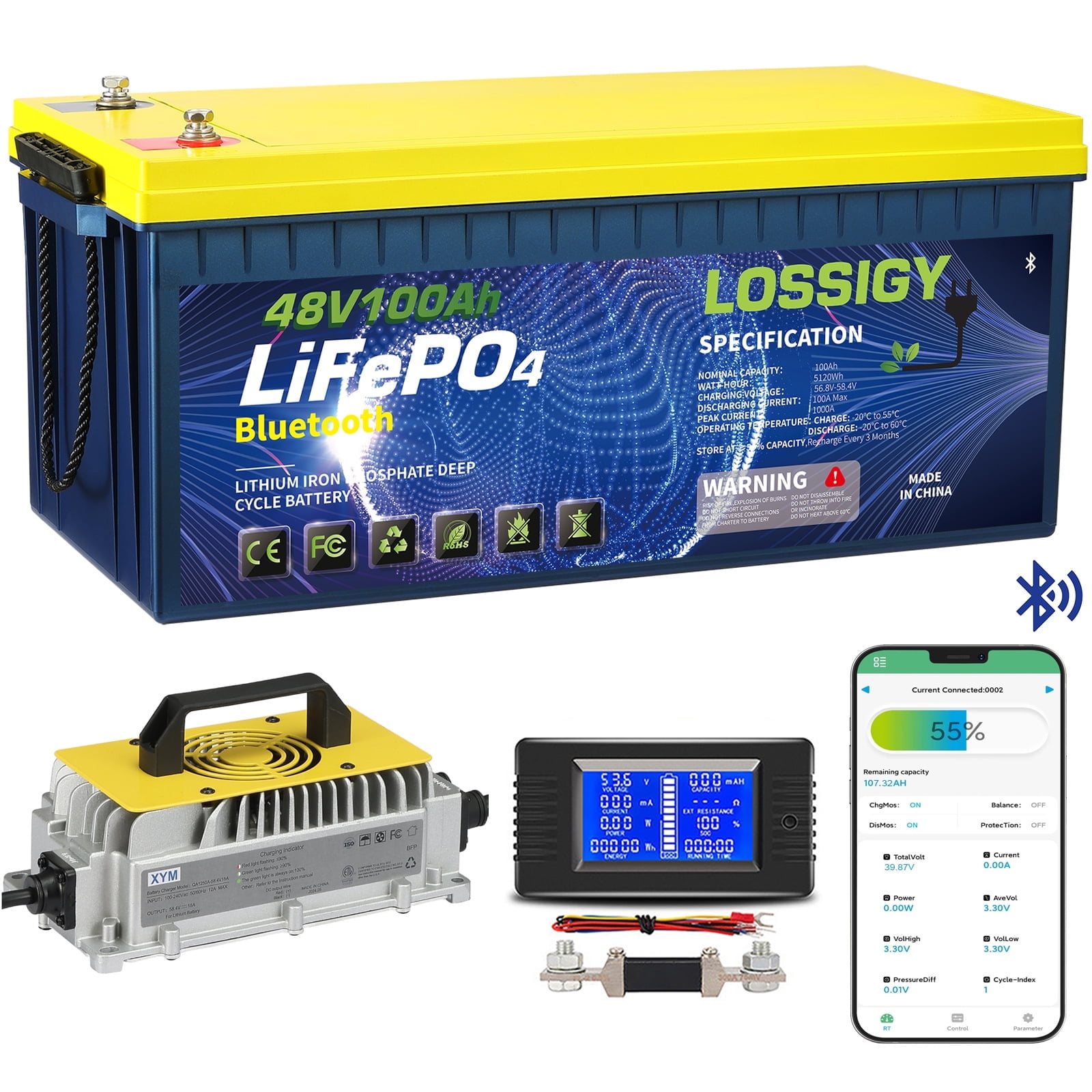LOSSIGY 48V 100AH LiFePO4 Lithium Golf Cart Battery with 48V18A Charger ...