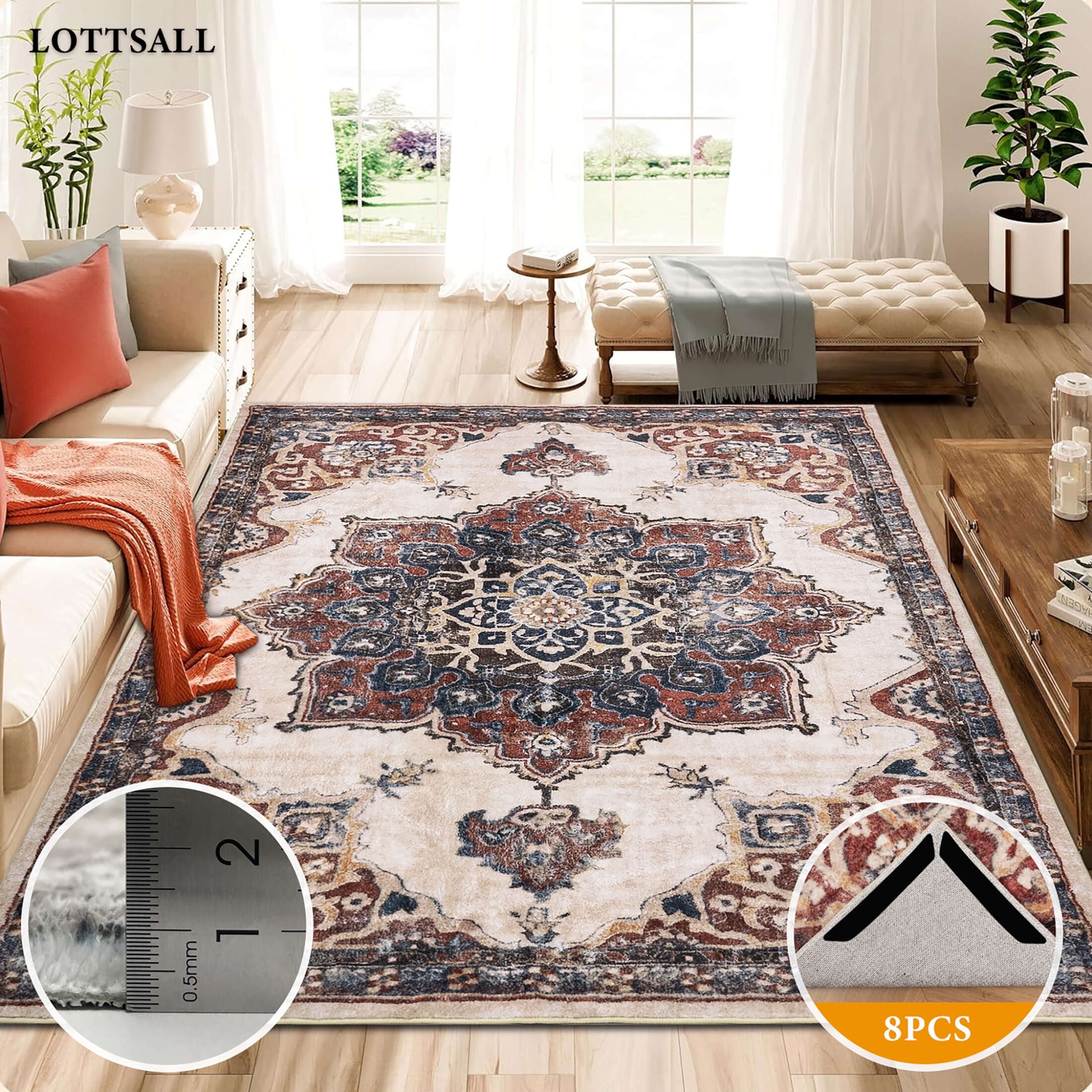LOTTSALL Vintage 5x8 Area Rugs for Living Room, Machine Washable Living ...