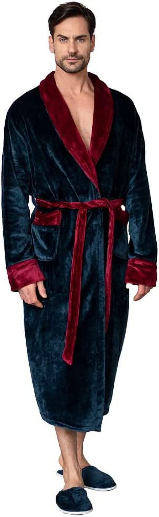 Lotus Linen Shawl Plush Robe for Men - Long Soft Fleece Bathrobe, Navy ...