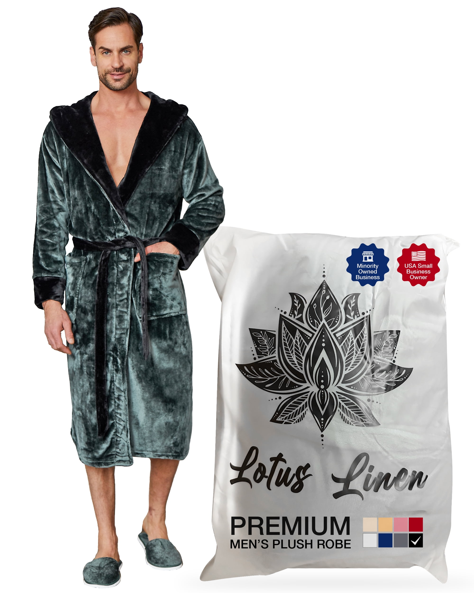 Lotus Linen Mens Plush Hooded Robe - Long Fleece Spa Bathrobe for Men ...