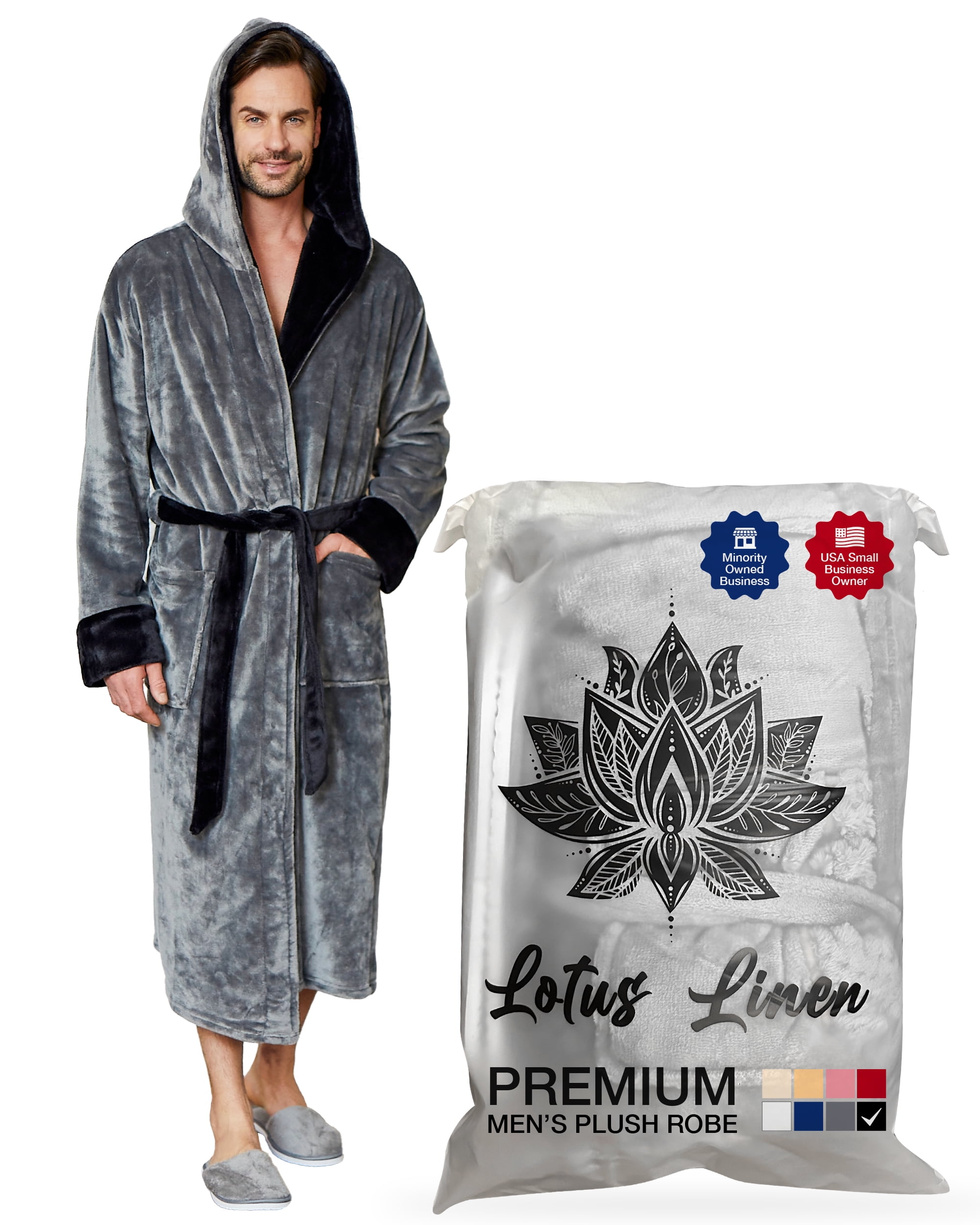Lotus Linen Mens Plush Hooded Robe - Long Fleece Spa Bathrobe for Men ...