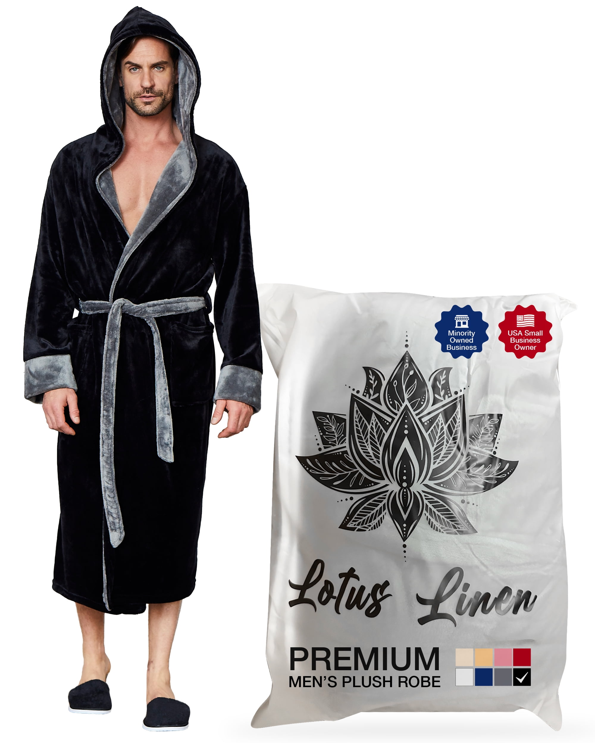 Lotus Linen Mens Plush Hooded Robe - Long Fleece Spa Bathrobe for Men ...