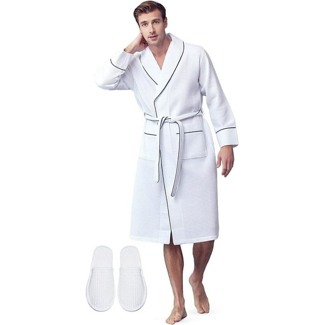 LOTUS LINEN Waffle Piping Robes for Men - Hotel/Spa Luxury Cotton ...