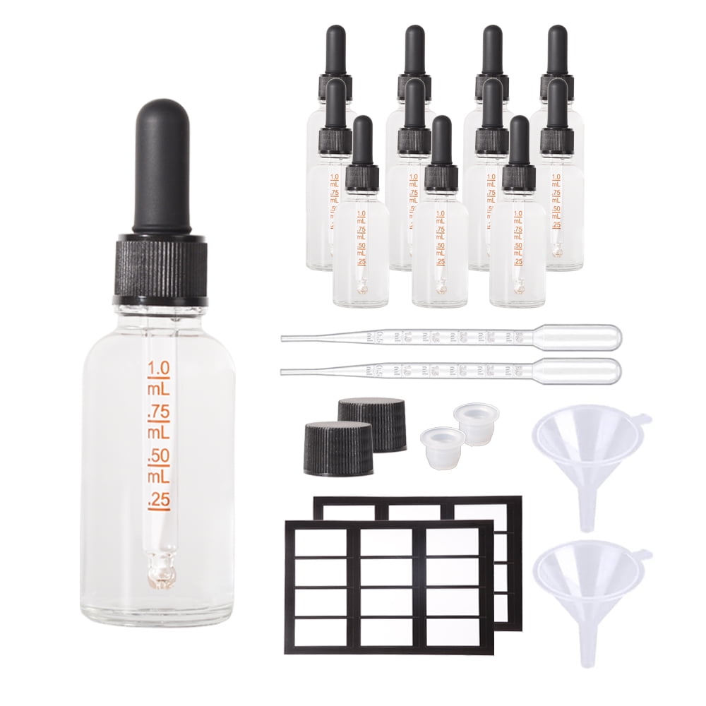 1oz 12 Pack Clear Glass Dropper Bottle with 2 Funnels & 2 Long Pipettes ...