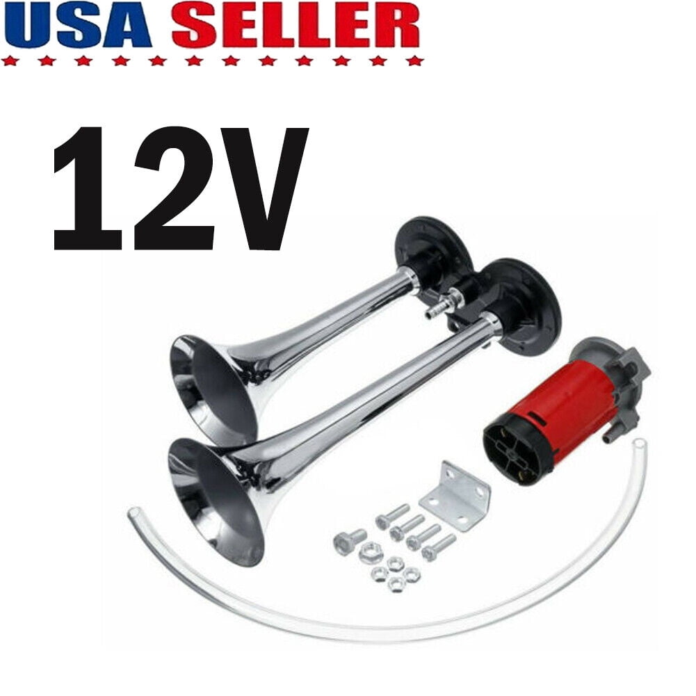 LOUD DUAL TRUMPET TRAIN AIR HORN SYSTEM KIT CAR/TRUCK 12V CHROME COLOR ...