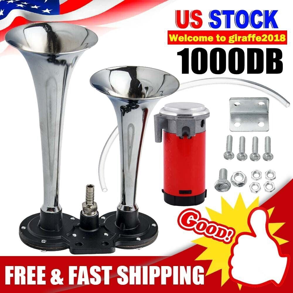 LOUD DUAL TRUMPET TRAIN AIR HORN SYSTEM KIT CAR/TRUCK/RV 12V BLACK ...