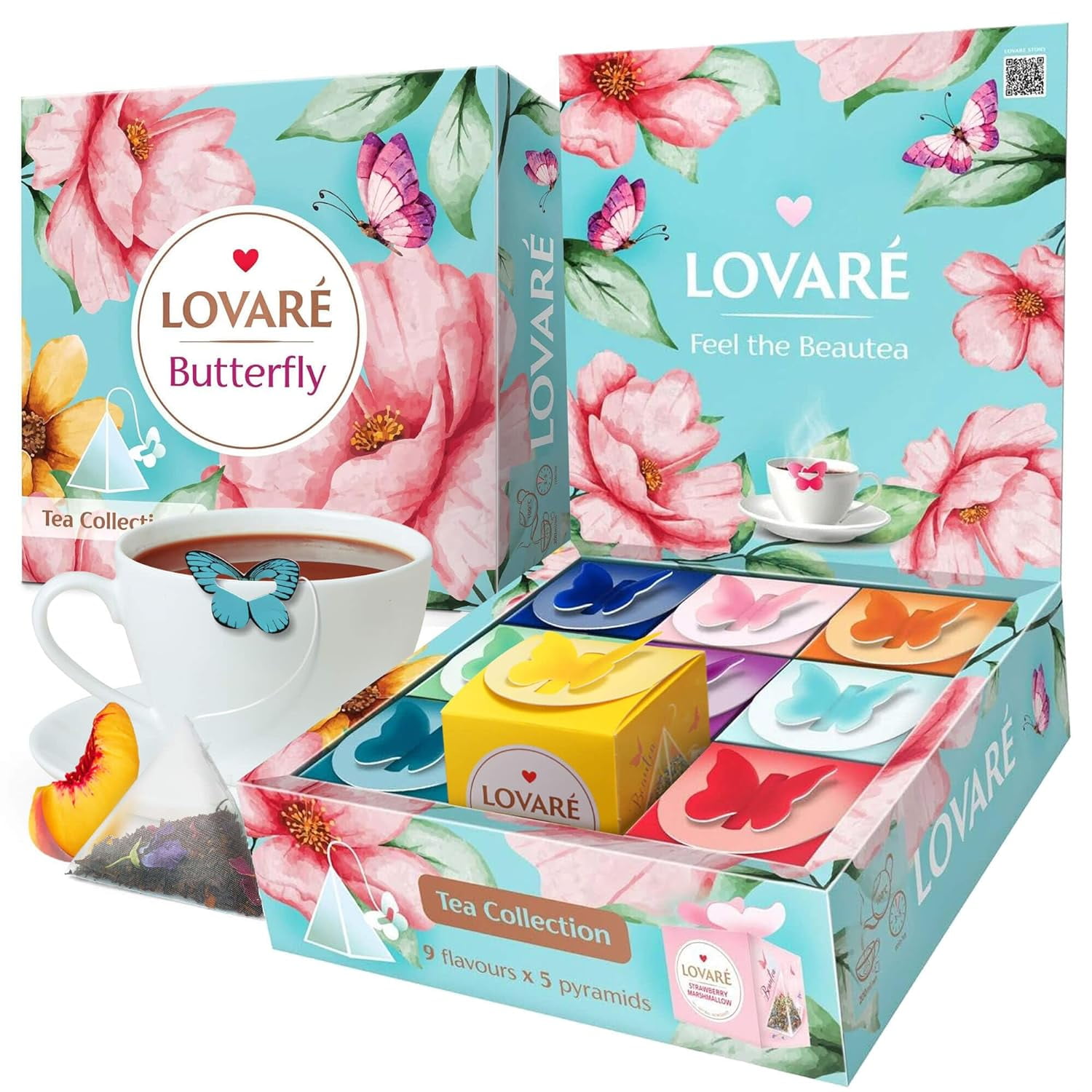 Lovare Butterfly Gift Tea Box 9 Types Of Tea 90G, 45 Tea Pyramids - Unique Tea Blends With Black ...
