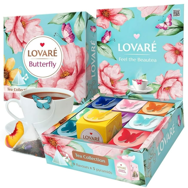 Lovare Butterfly Gift Tea Box 9 Types Of Tea 90G, 45 Tea Pyramids ...