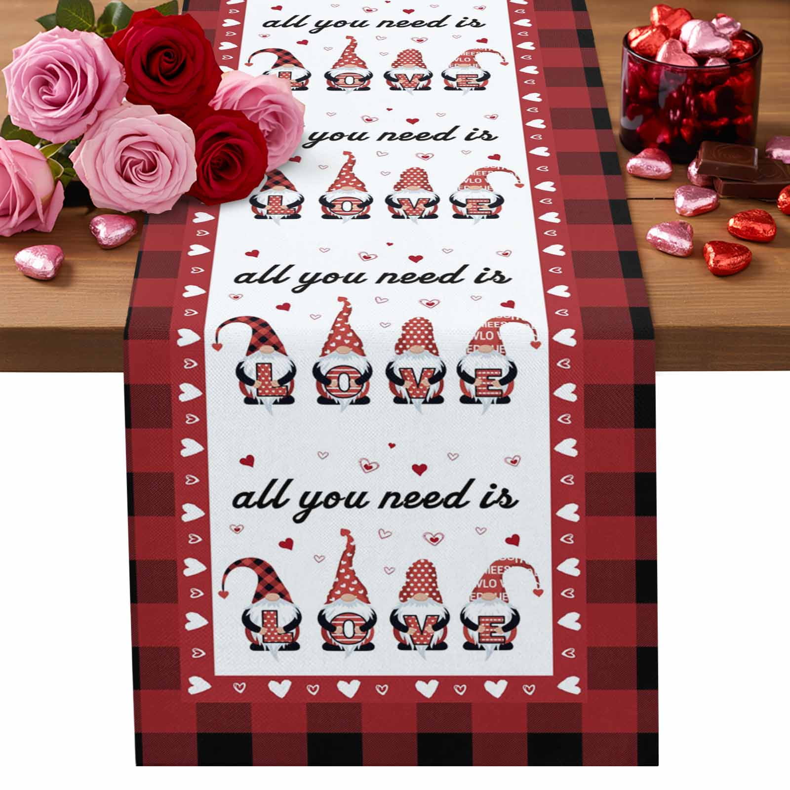 LOVE Gnome Cotton Linen Table Runner Valentine's Day Romantic Red Plaid ...