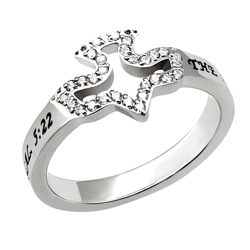LOVE JOY PEACE Ring, Dove Outline with CZ Stones on Stainless Steel ...