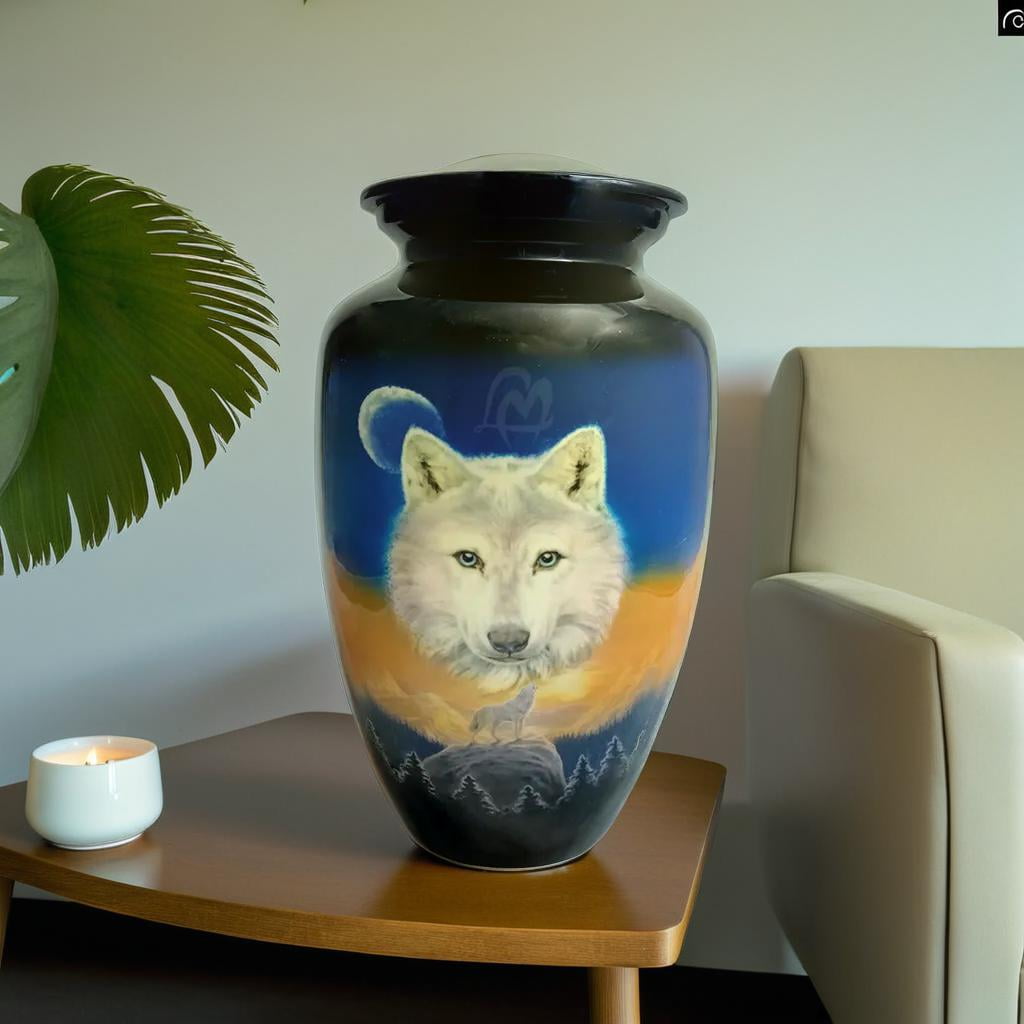 LOVE MEMORIALS Cremation Urns- Lovely Wolf with Moon Adult Urn –Best ...