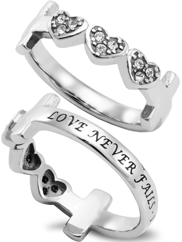 LOVE NEVER FAILS Three Heart Ring with Cross, Stainless Steel - Walmart.com