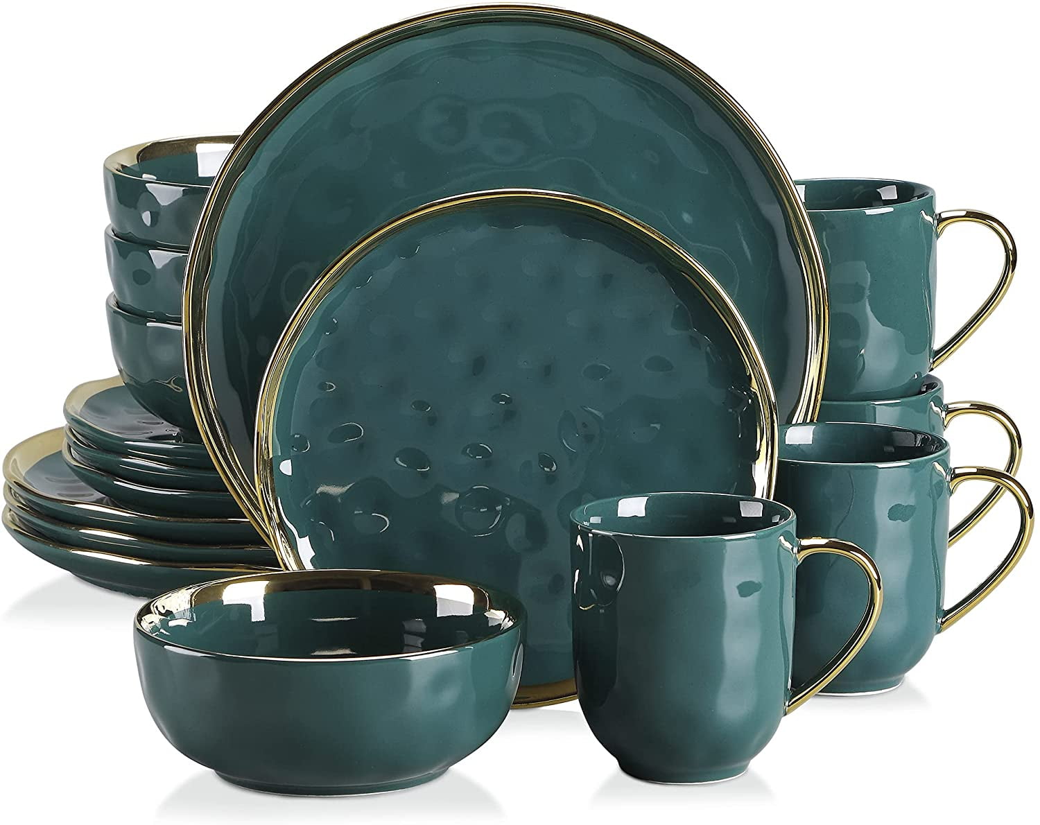 LOVECASA, 16-Piece Round Modern Place Settings Dishes, Dark Green Gold ...