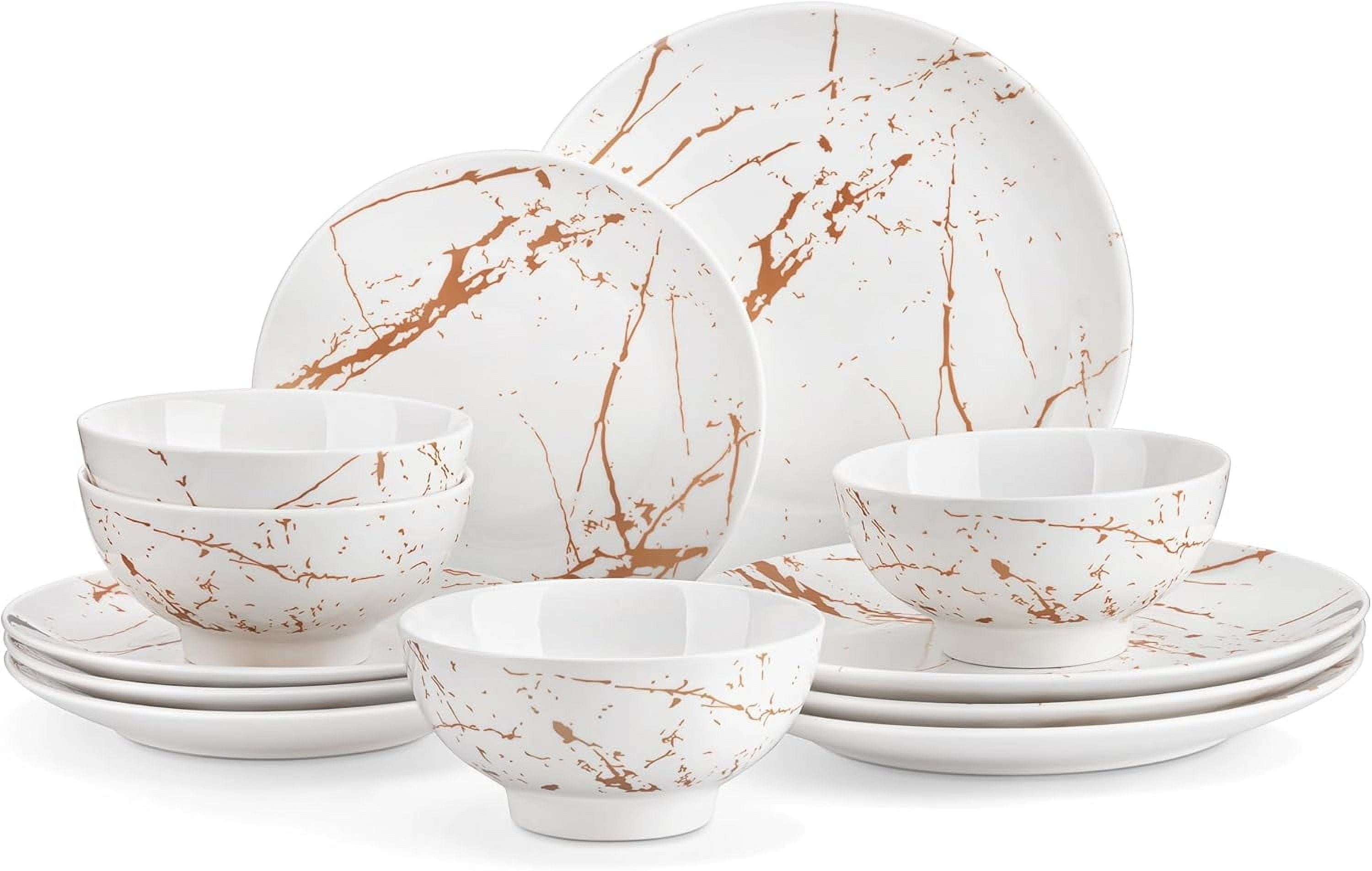 LOVECASA Plates and Bowls Sets for 4, 12 Pieces Porcelain Dinnerware ...